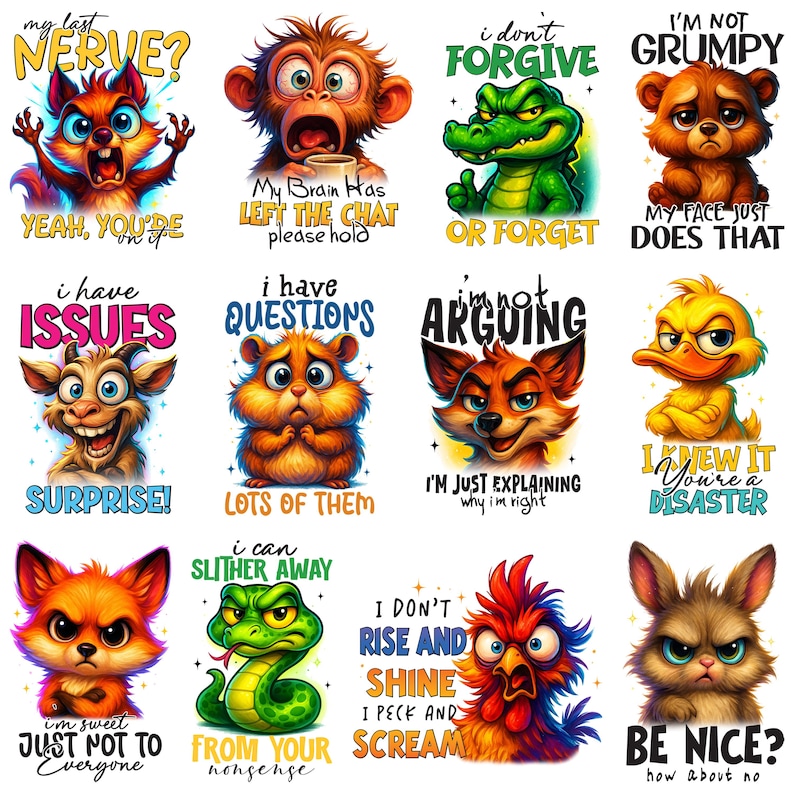 Sarcastic Animal Quotes PNG Bundle, Funny Snarky Animals With Humor ...