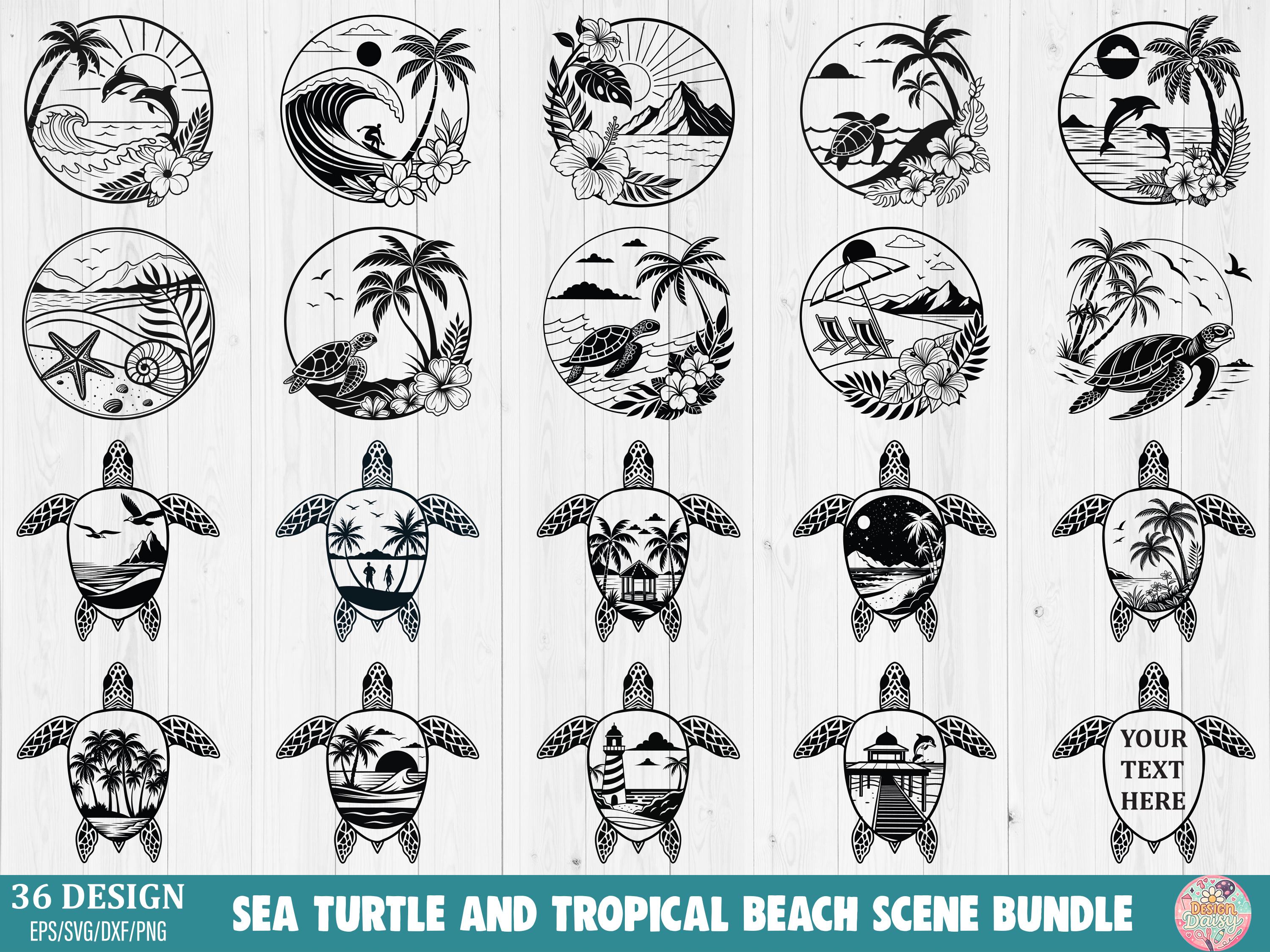 Tropical Beach Scene Clipart, Sea Turtle and Beach Scene SVG Bundle ...