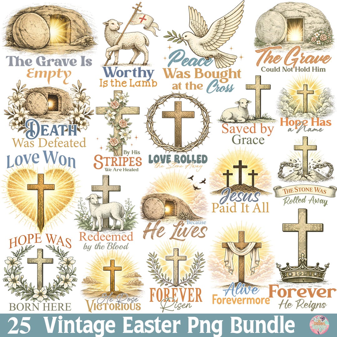 Vintage Christian Easter PNG Bundle, Retro Religious Easter Designs ...