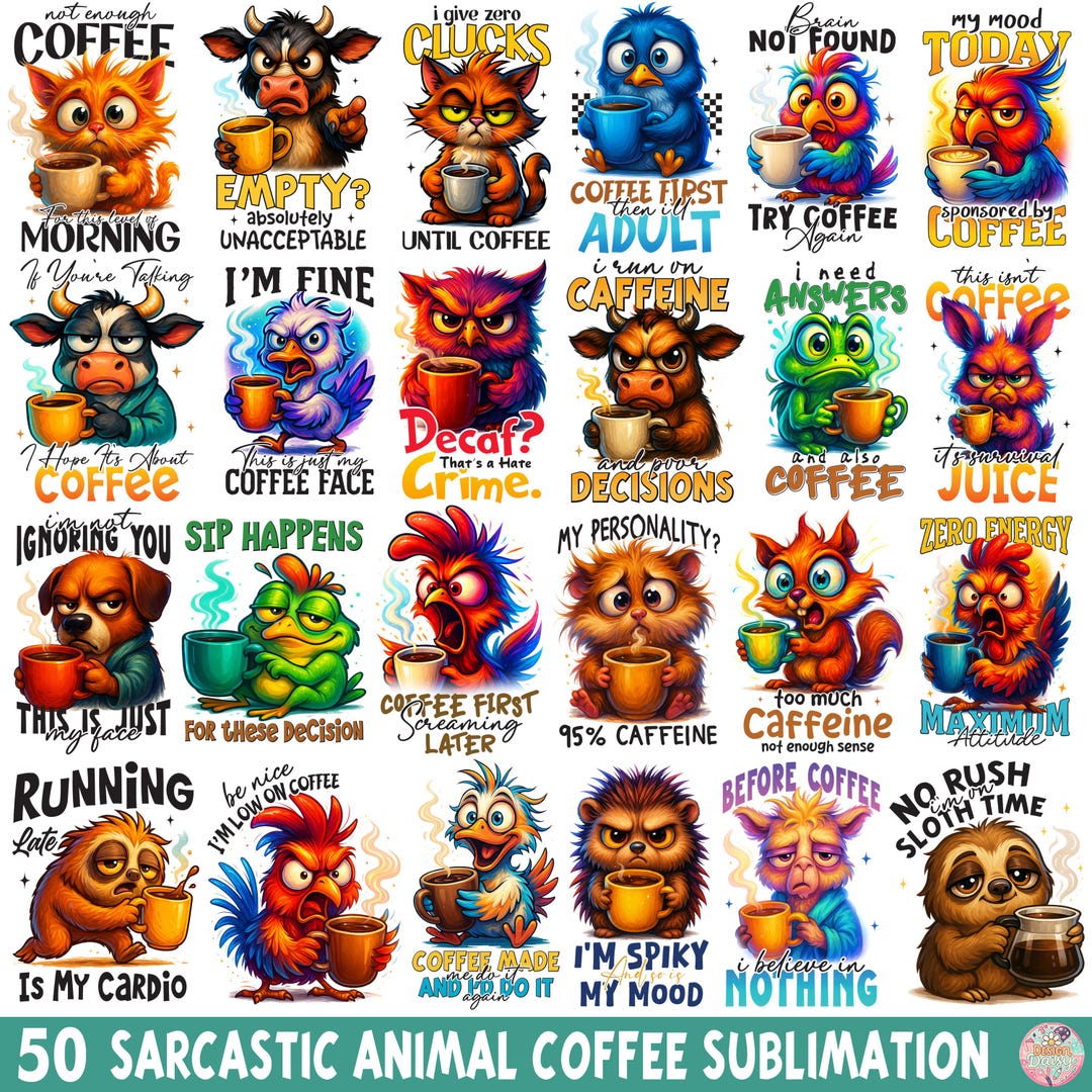 50 Sarcastic Animals Coffee PNG Bundle, Funny Animal Coffee PNG Set ...