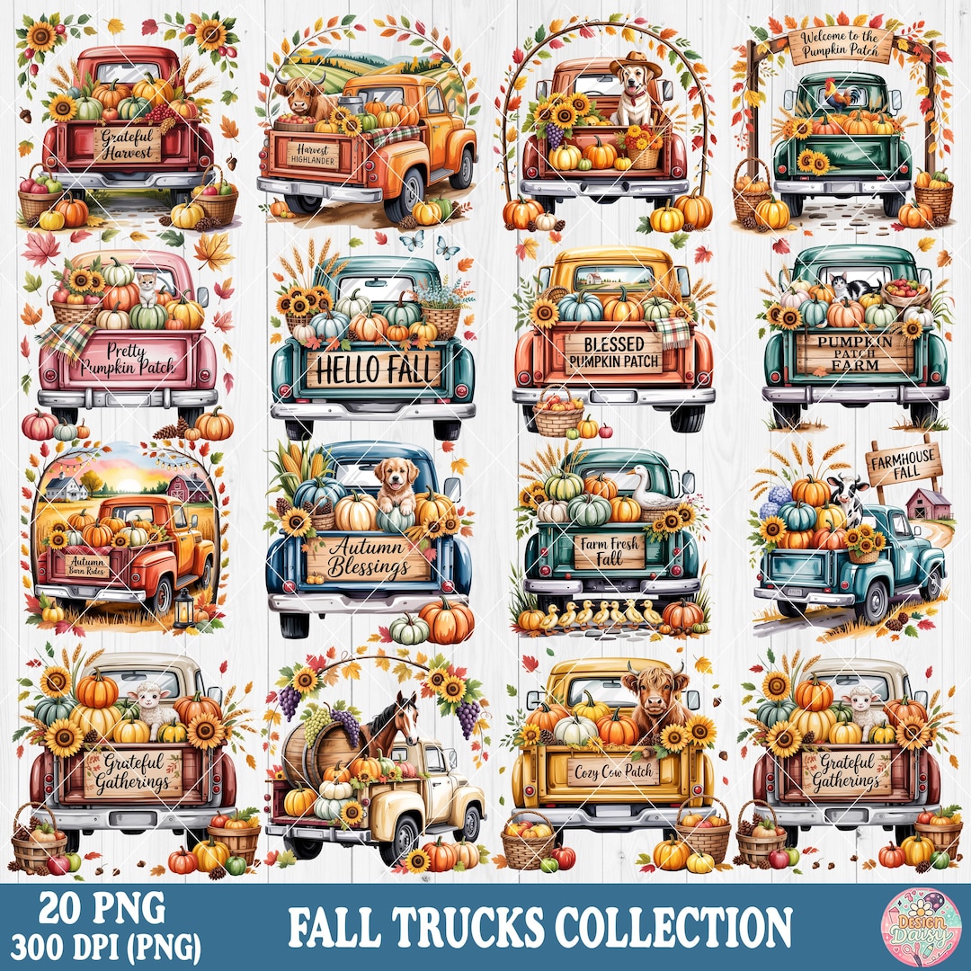 Watercolor Fall Trucks Clipart Collection, Pumpkin Fall Retro Truck ...