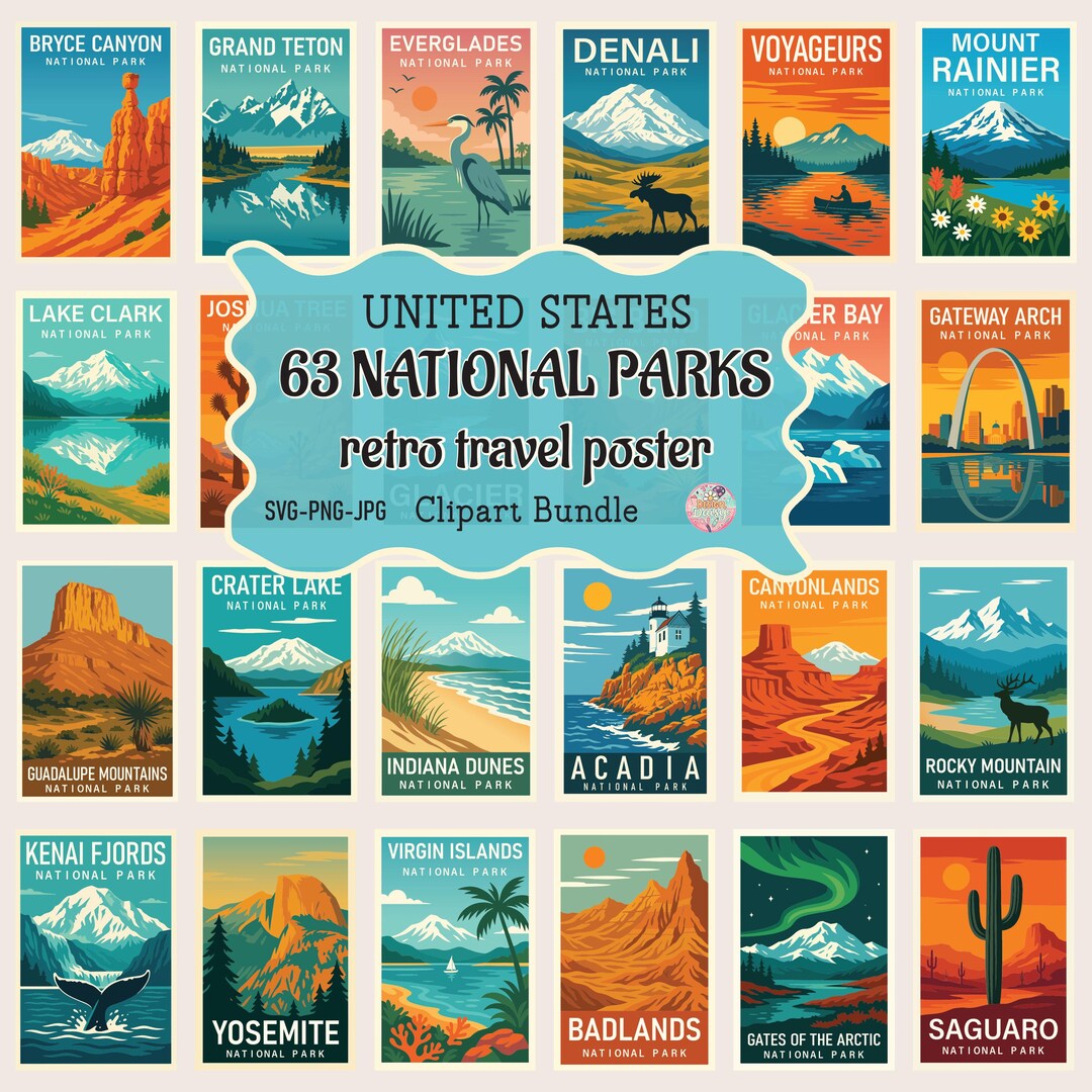 National Parks Retro Travel Poster Clipart Bundle, 63 Vintage USA Park ...