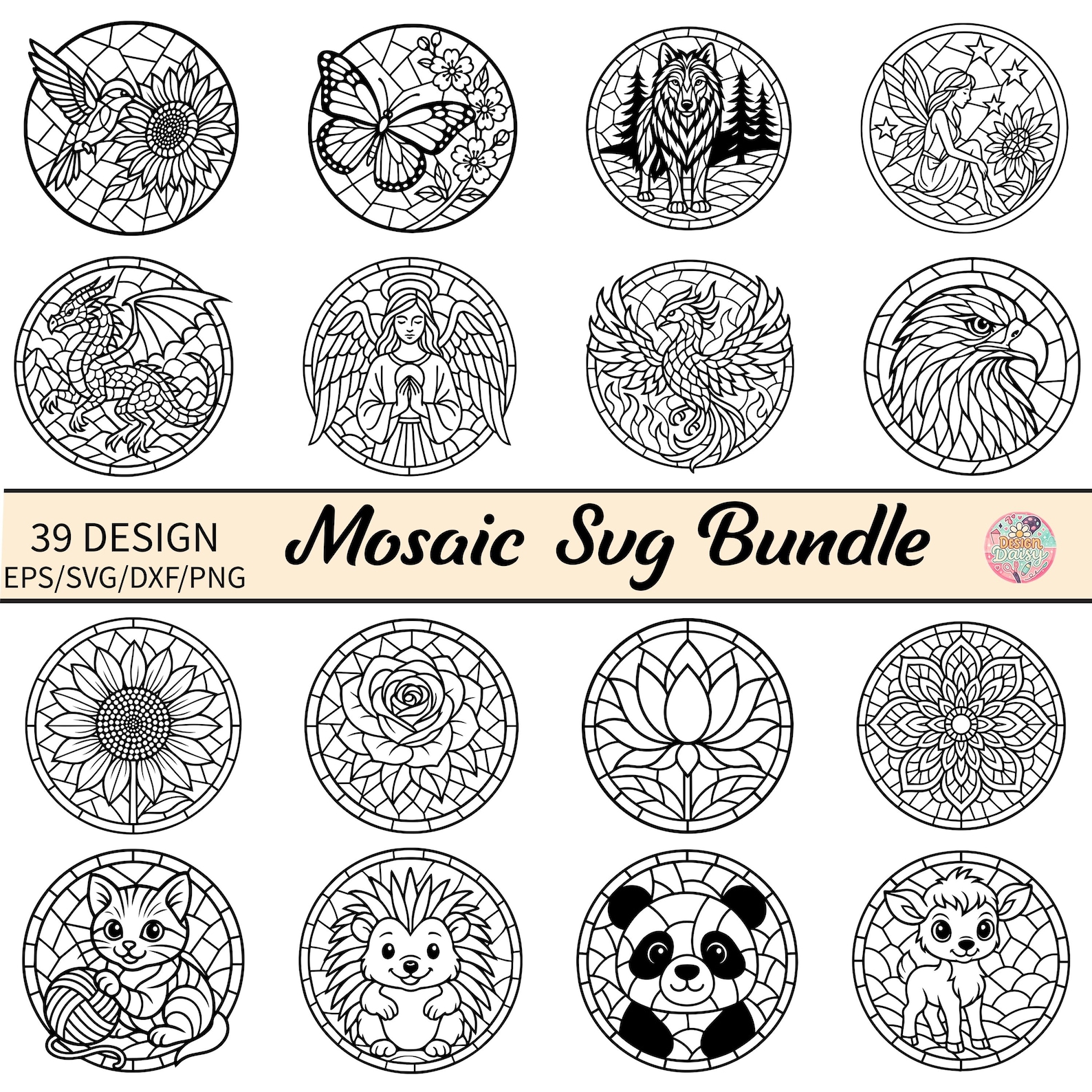 Mosaic SVG Bundle, Stained Glass Animal Flower Designs, Mandala Mosaic ...
