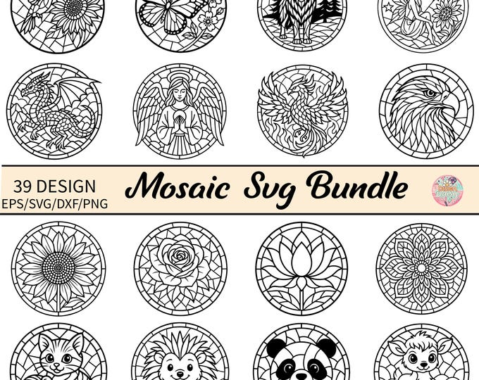 Mosaic SVG Bundle, Stained Glass Animal Flower Designs, Mandala Mosaic ...