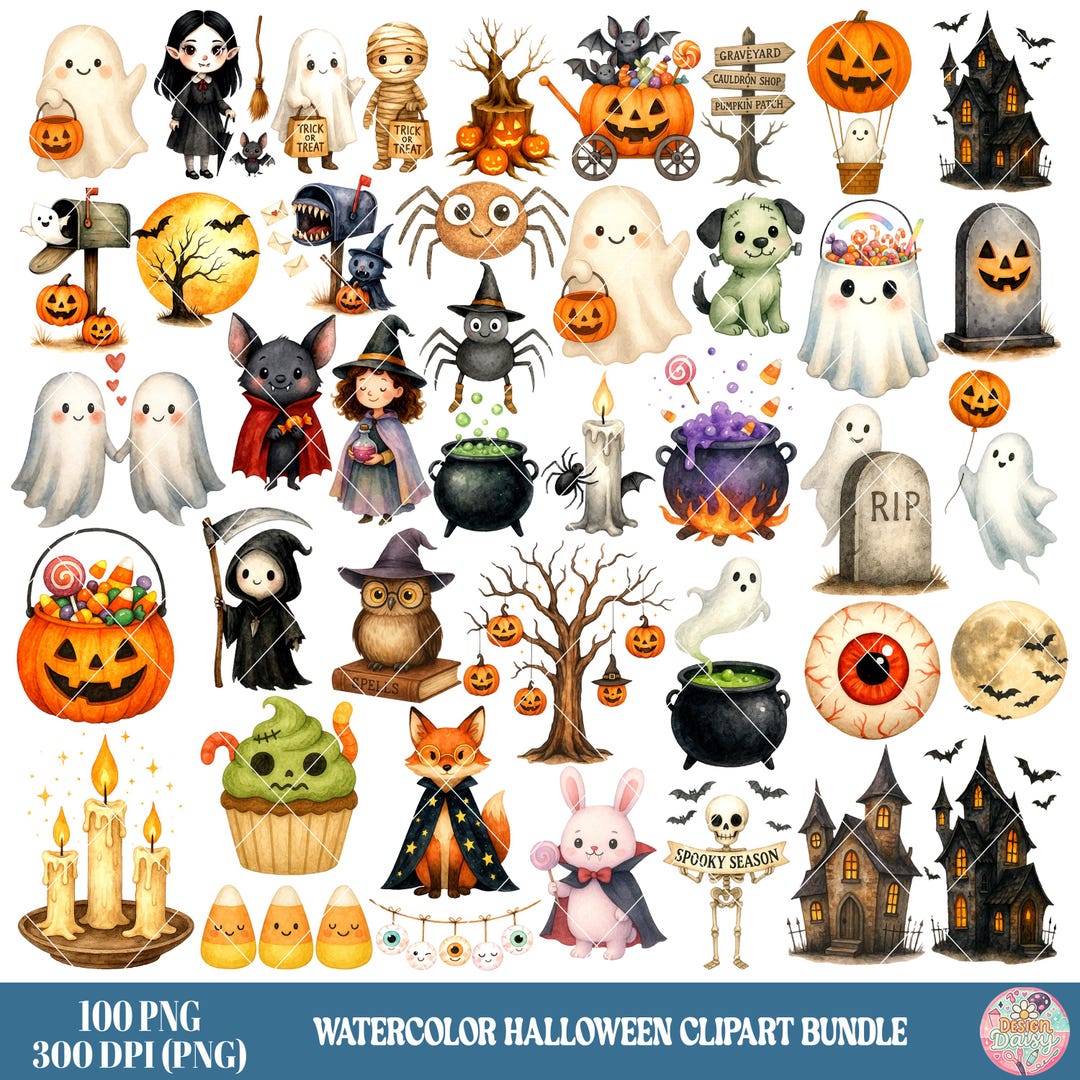 Watercolor Halloween PNG Clipart Bundle, Cute Halloween Clipart, Happy ...