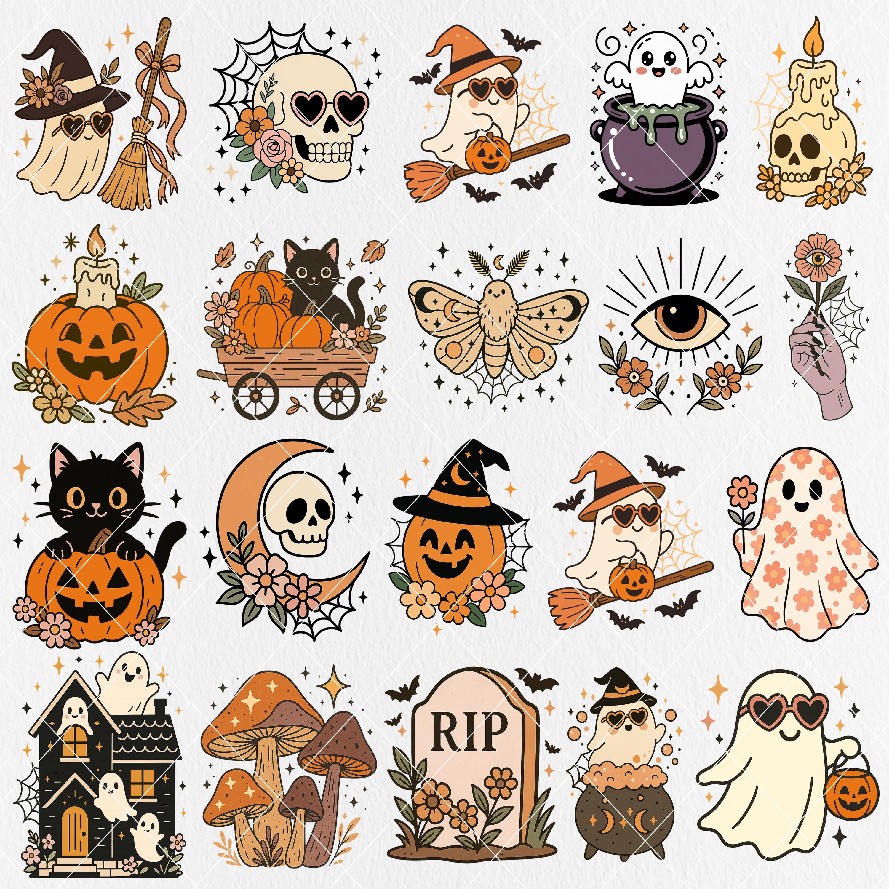 Trendy Halloween PNG Clipart Bundle, Retro Halloween Spooky Clipart ...
