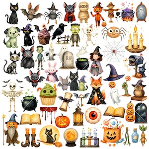 Watercolor Halloween PNG Clipart Bundle, Cute Halloween Clipart, Happy ...