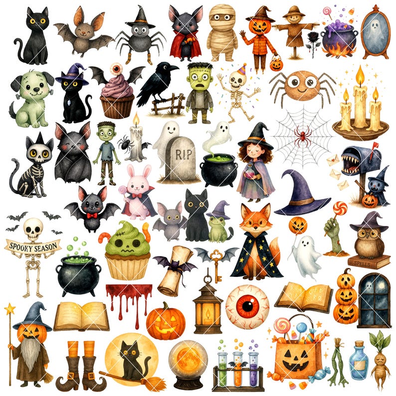 Watercolor Halloween PNG Clipart Bundle, Cute Halloween Clipart, Happy ...