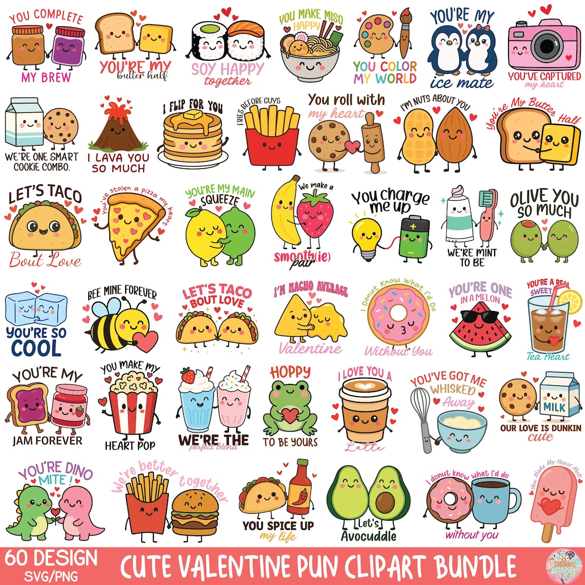 Cute Valentine Pun Clipart Bundle, Valentine Puns Shirt PNG, Funny Food ...