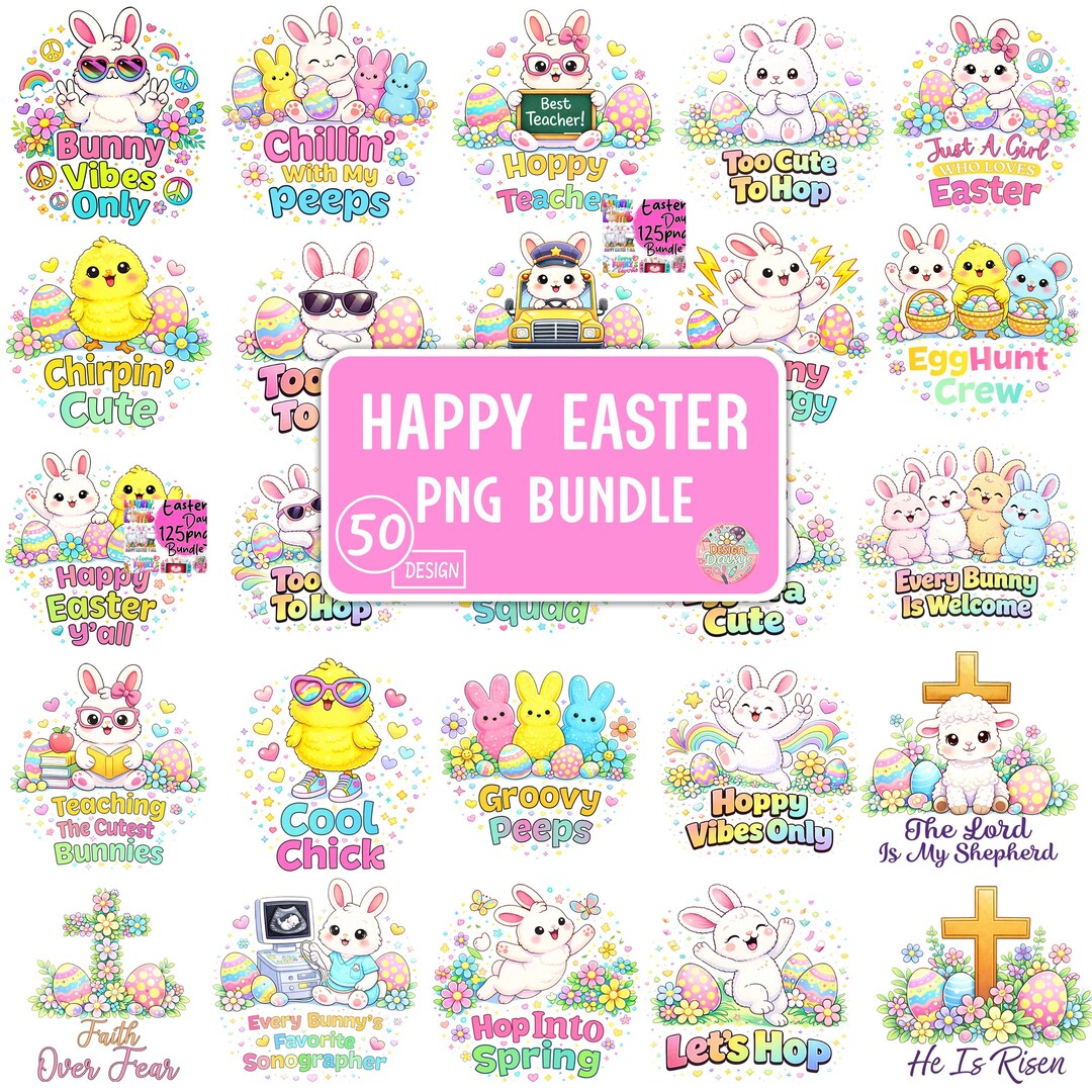 Happy Easter Bunny PNG Bundle, Cute Easter Quotes PNG, Pastel Bunny ...