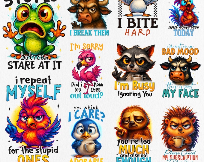 Sarcastic Funny Animal Tshirt PNG Bundle, Snarky Humor Quotes ...