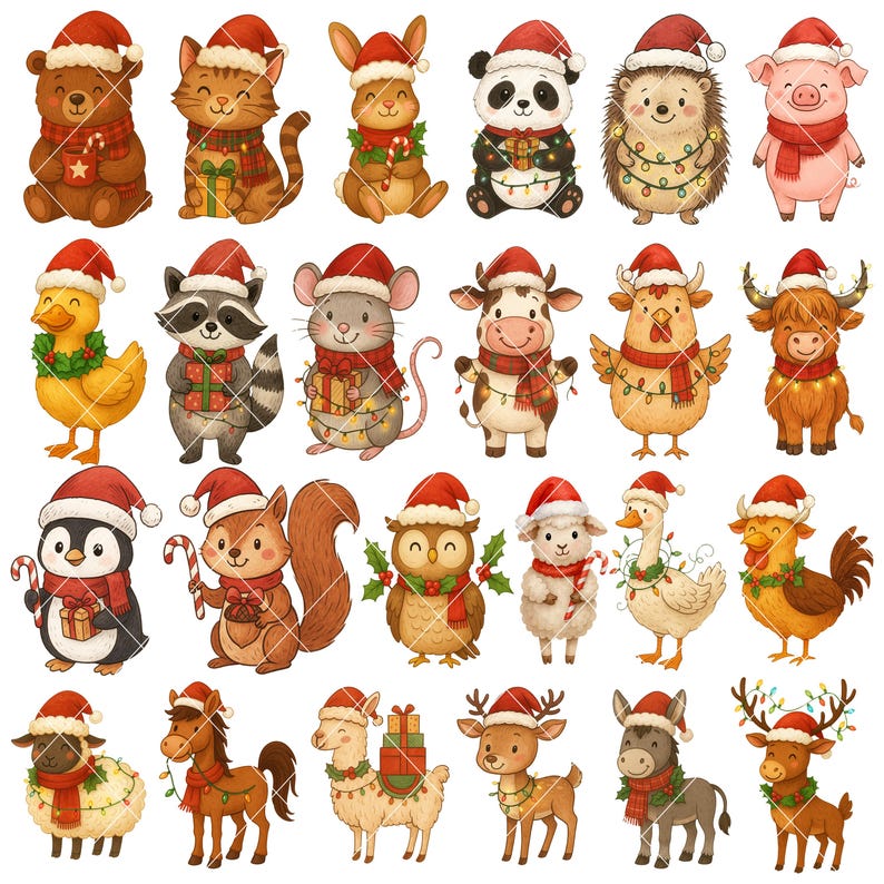 Christmas Farm Animals Clipart Bundle PNG, Cute Watercolor Animal ...