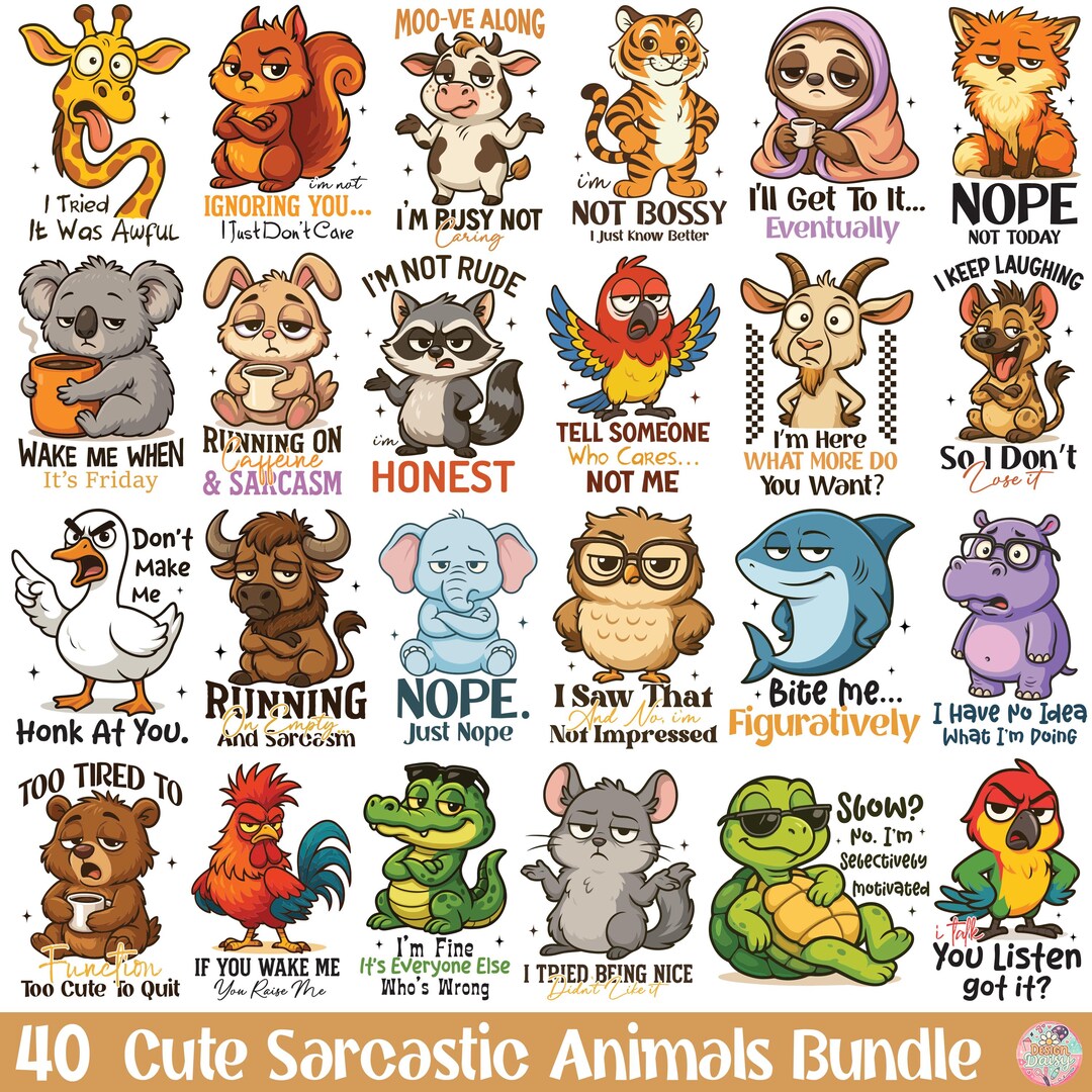 Cute Sarcastic Animals SVG Bundle, Funny Animal Quotes Clipart, Sassy ...