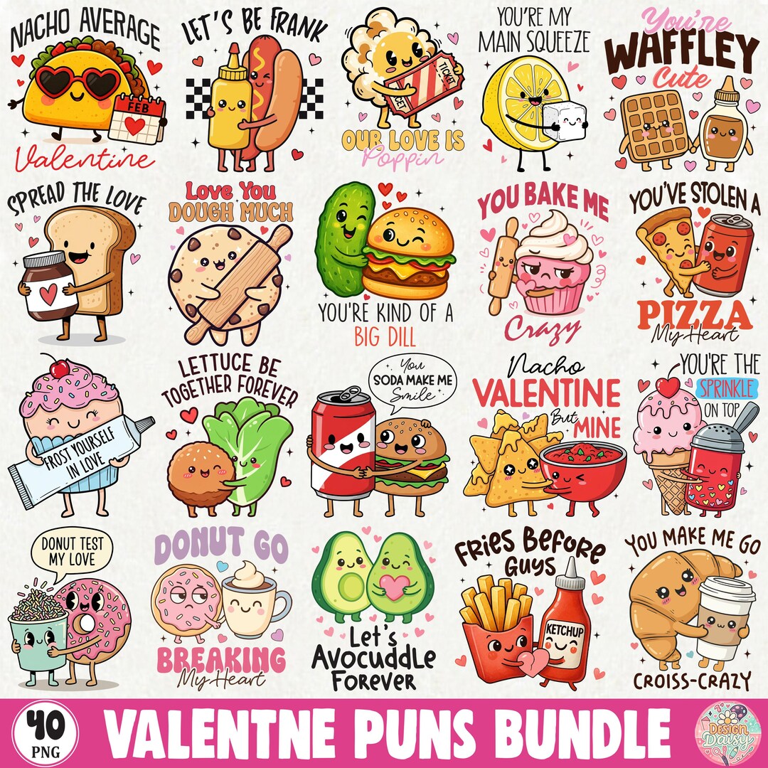 Funny Valentine Puns PNG Bundle, Cute Food Couple Clipart, Punny Love ...