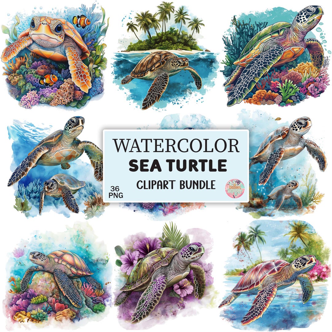 Watercolor Sea Turtle Clipart Bundle, Ocean Turtle PNG, Tropical Marine ...
