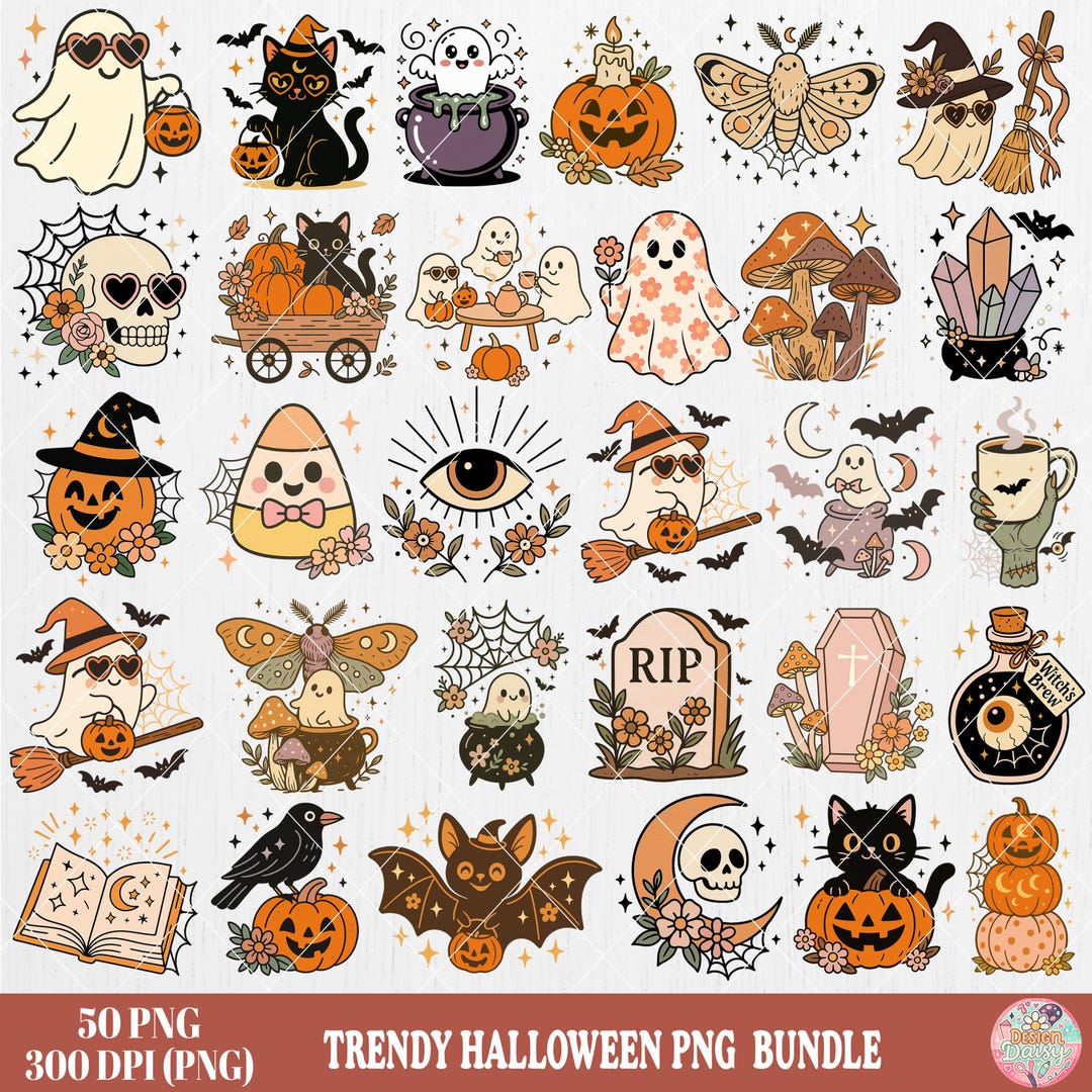 Trendy Halloween PNG Clipart Bundle, Retro Halloween Spooky Clipart ...