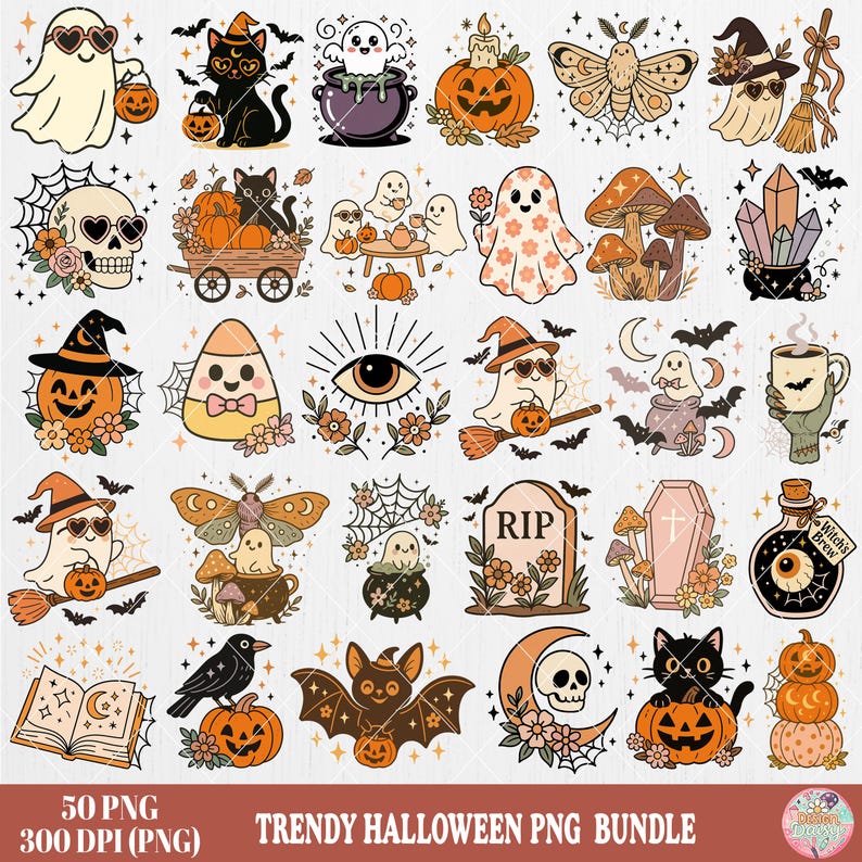 Trendy Halloween PNG Clipart Bundle, Retro Halloween Spooky Clipart ...