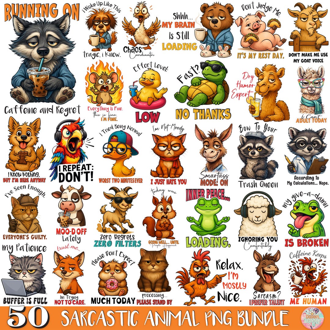 Sarcastic Animal PNG Bundle, Funny Animal Quotes Clipart, 50 Snarky ...