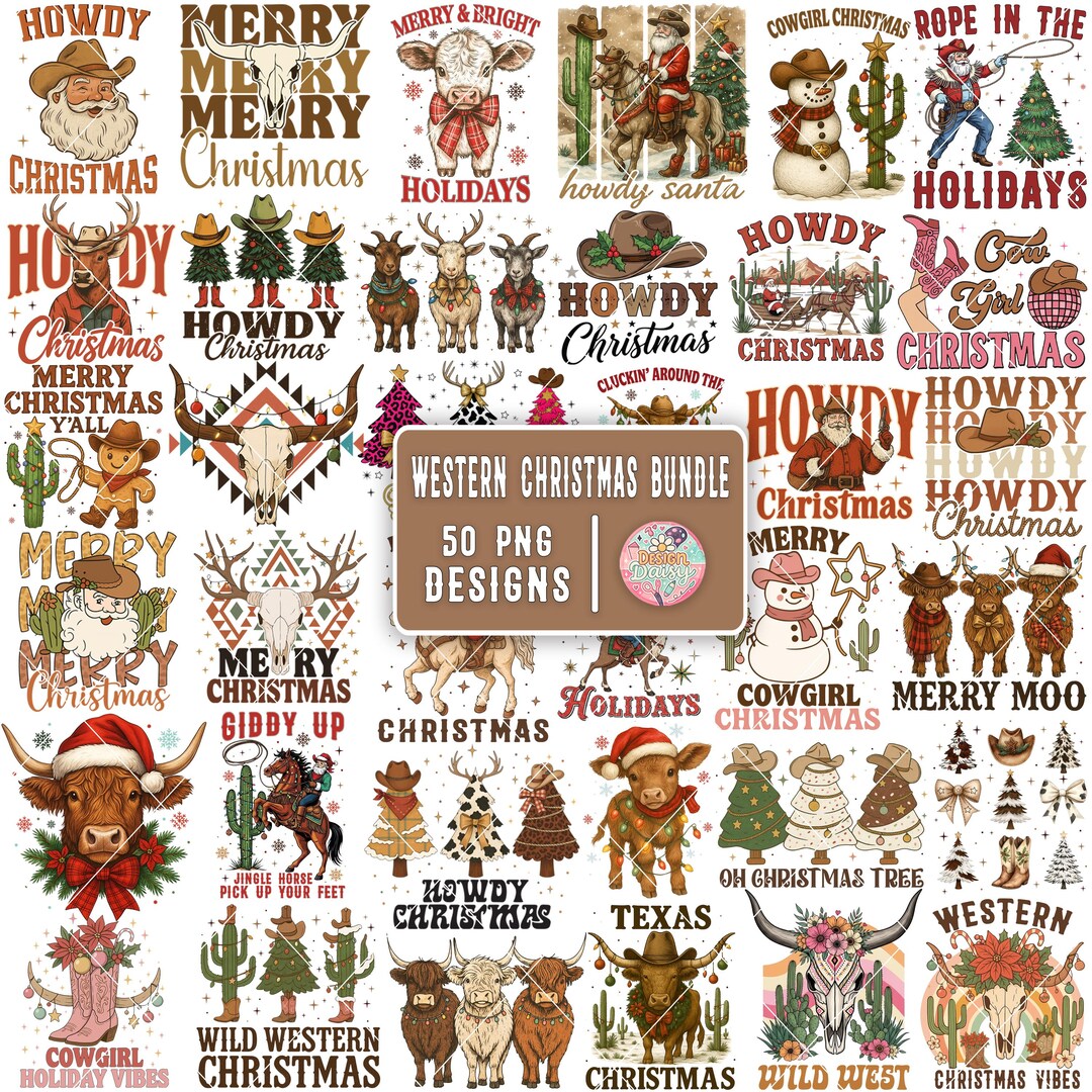Western Christmas Tshirt PNG Bundle, Retro Country Png, Cowgirl Cowboy ...