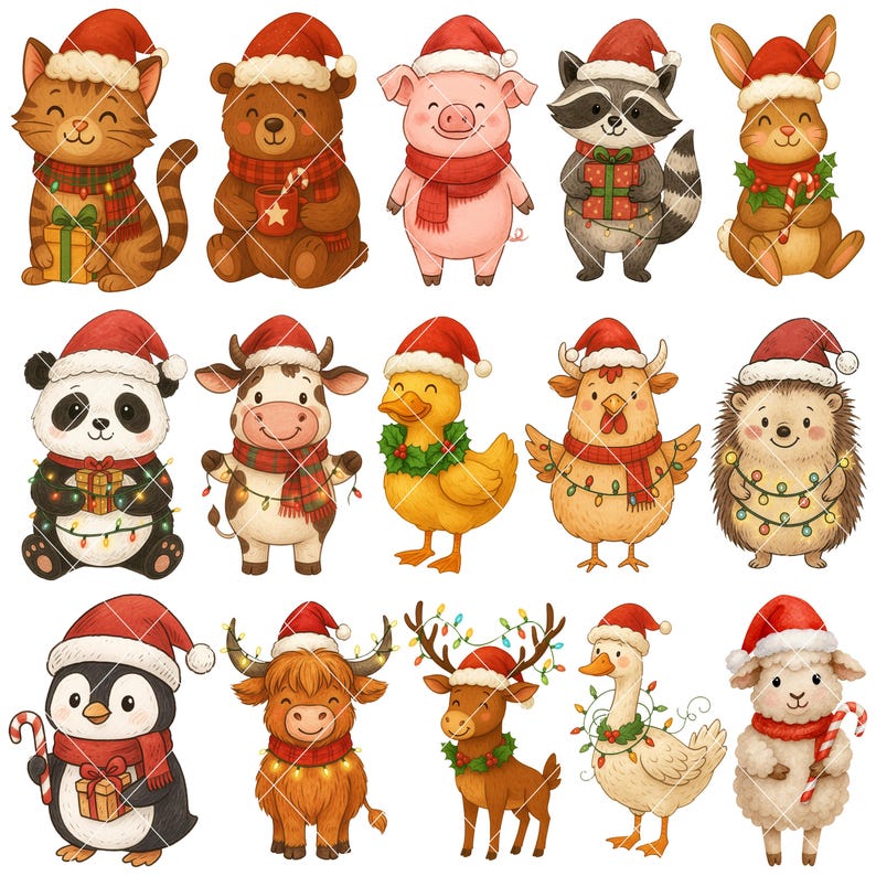 Christmas Farm Animals Clipart Bundle PNG, Cute Watercolor Animal ...