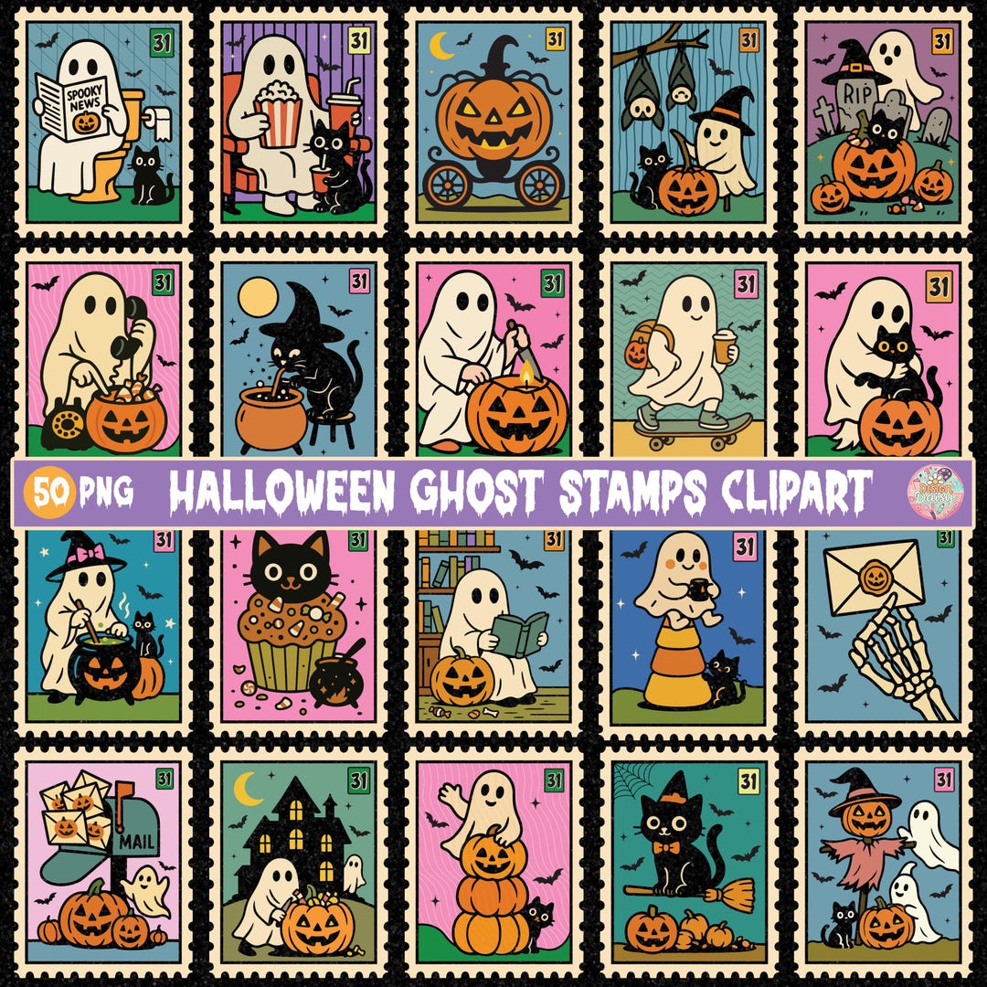 Halloween Ghost Stamps Clipart Bundle, Retro Spooky Ghosts and Black ...