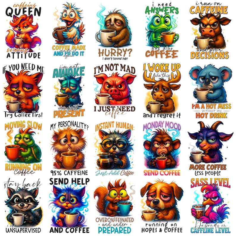 50 Sarcastic Animals Coffee PNG Bundle, Funny Animal Coffee PNG Set ...