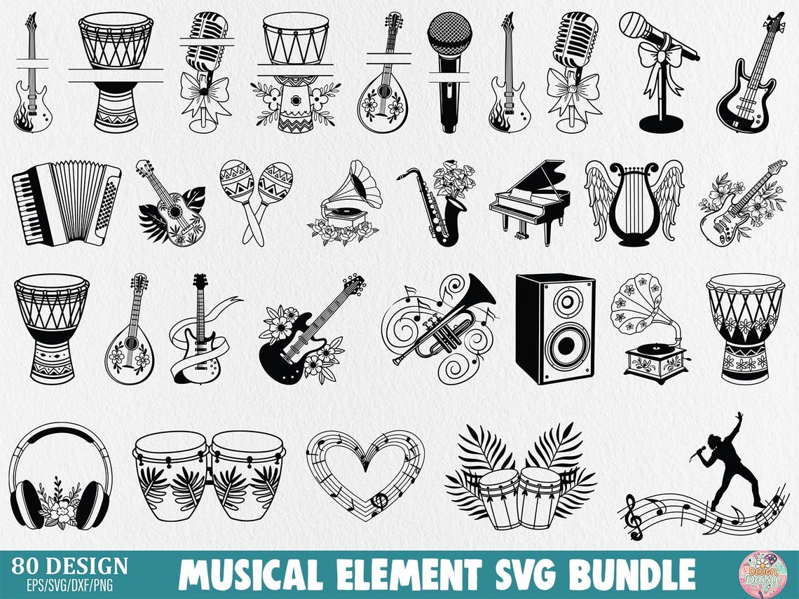 Music SVG Bundle, Musical Instruments Cut Files, Musical Element Design ...
