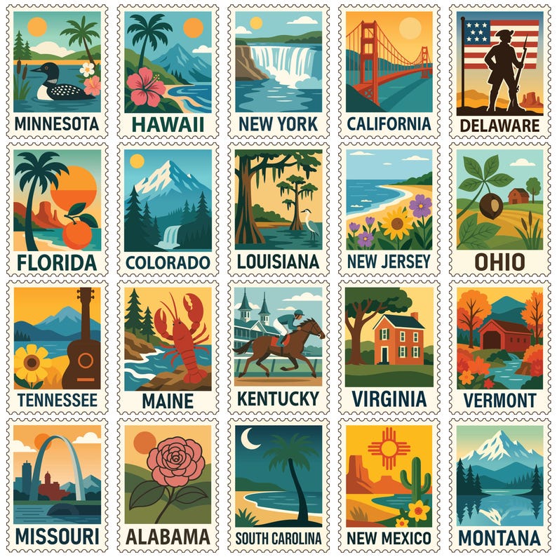 50 United States Postage Stamp Clipart Bundle, USA State Stamp SVG PNG ...