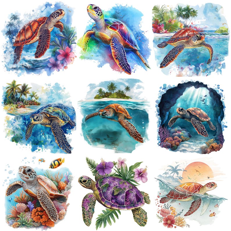 Watercolor Sea Turtle Clipart Bundle, Ocean Turtle PNG, Tropical Marine ...