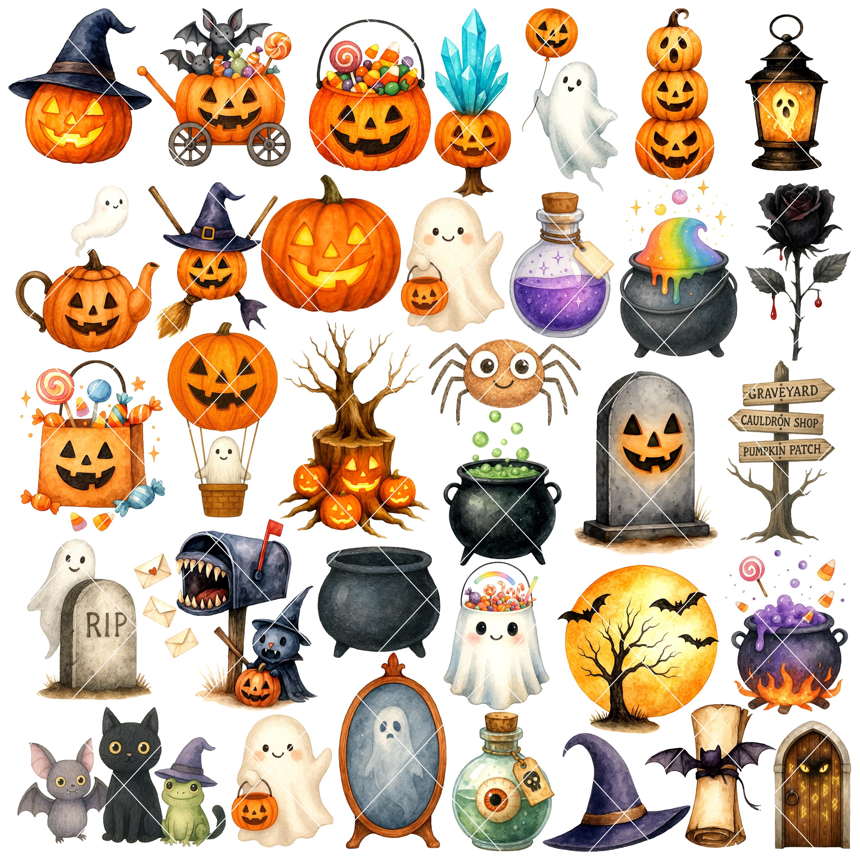 Watercolor Halloween PNG Clipart Bundle, Cute Halloween Clipart, Happy ...