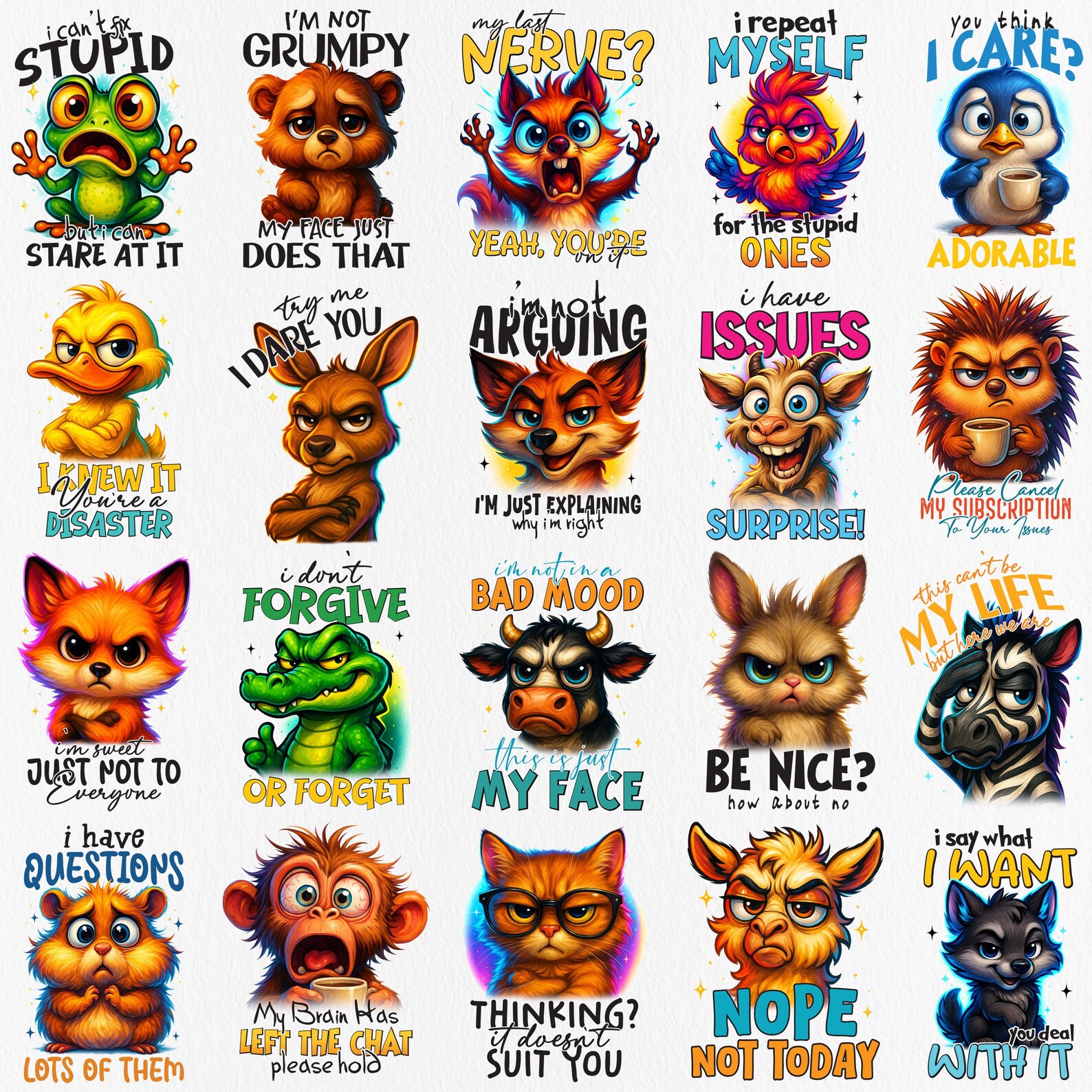 Sarcastic Animal PNG Bundle, Cute Animals With Humor Quotes, Snarky ...