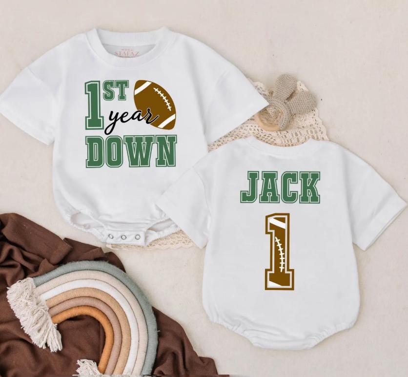Personalized 1st Year Down Birthday Romper Short Sleeves, Football ...