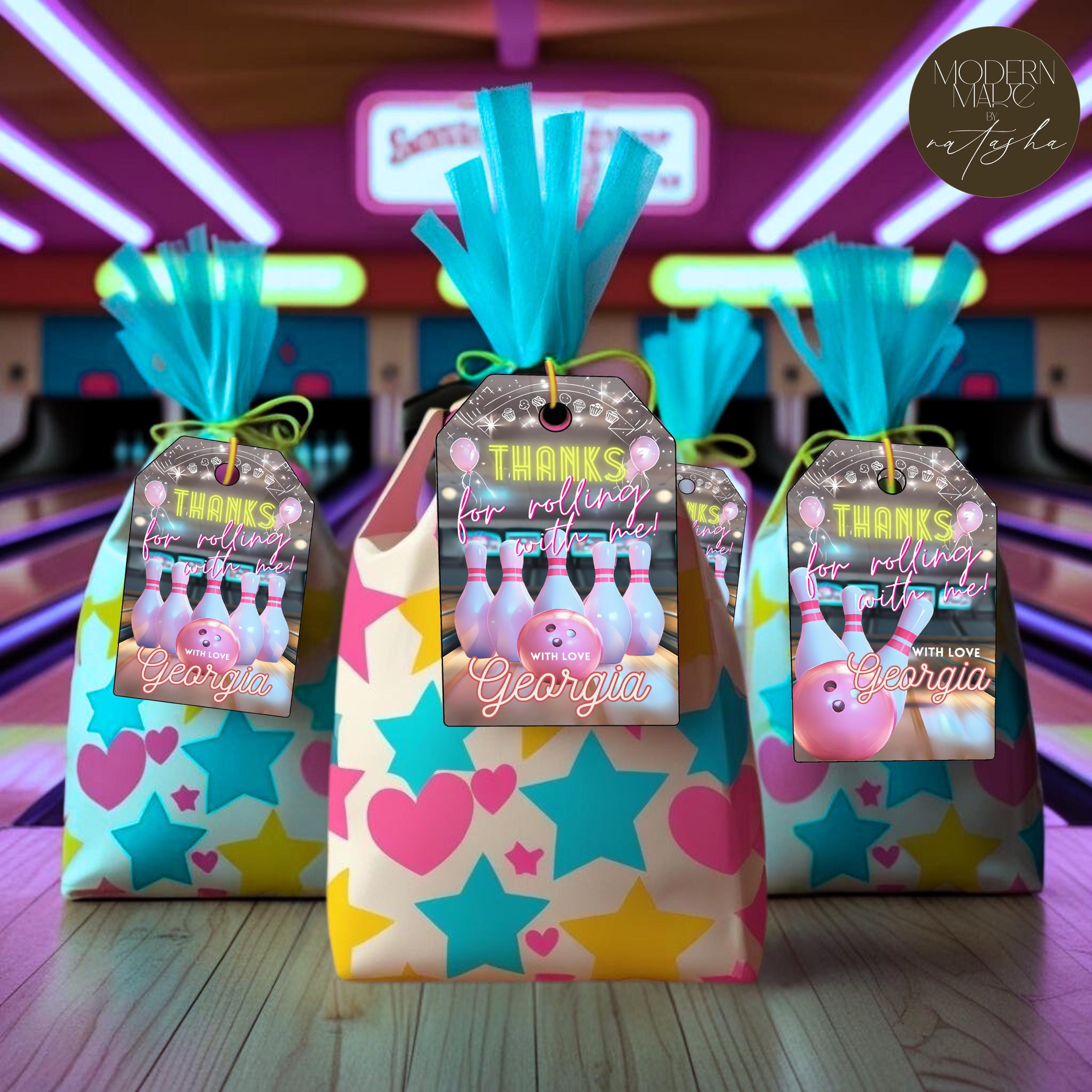 Bowling Birthday Thank You Tags: Editable Neon Glow Party Favors ...