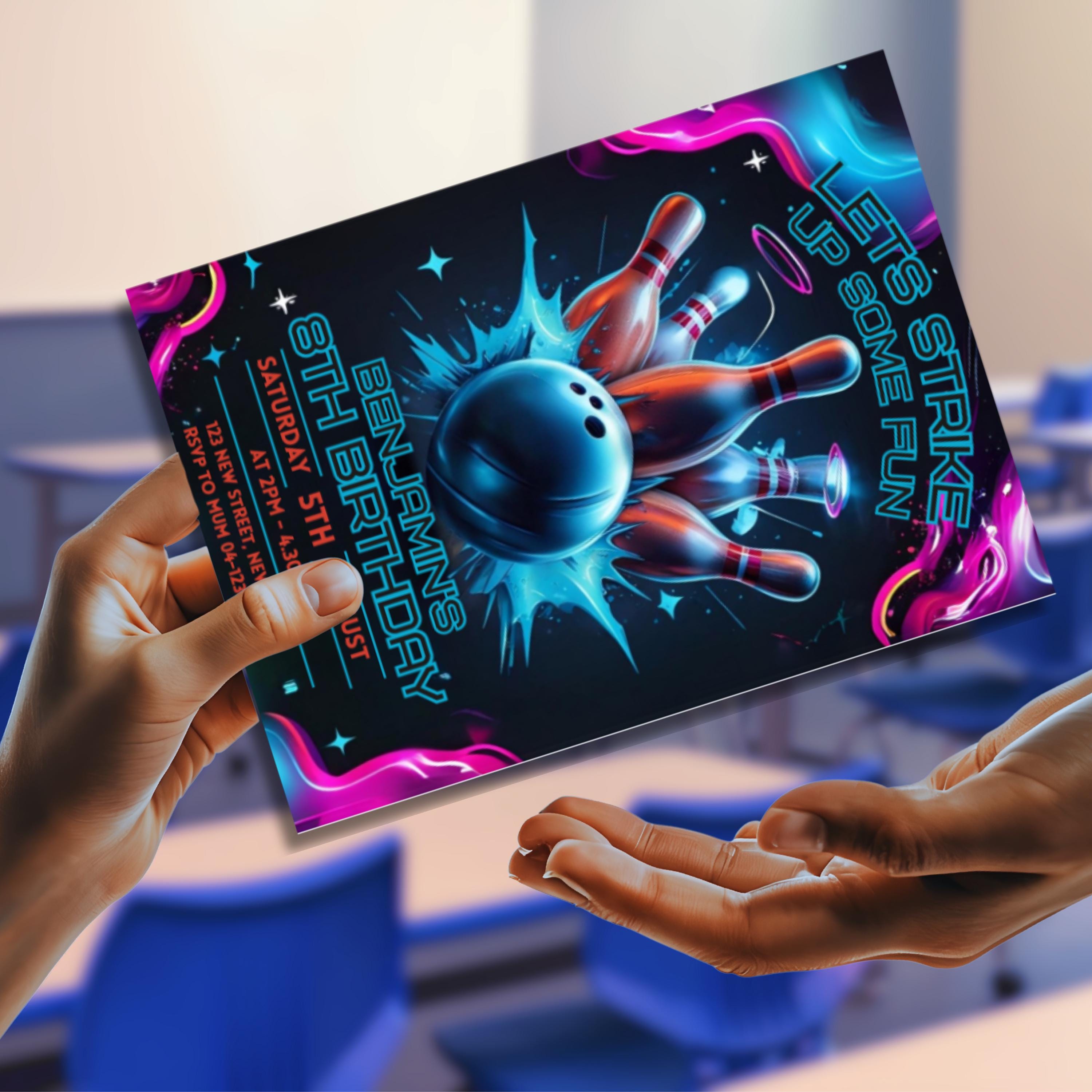 Neon Bowling Birthday Invitation: Editable Glow Party Template - Etsy