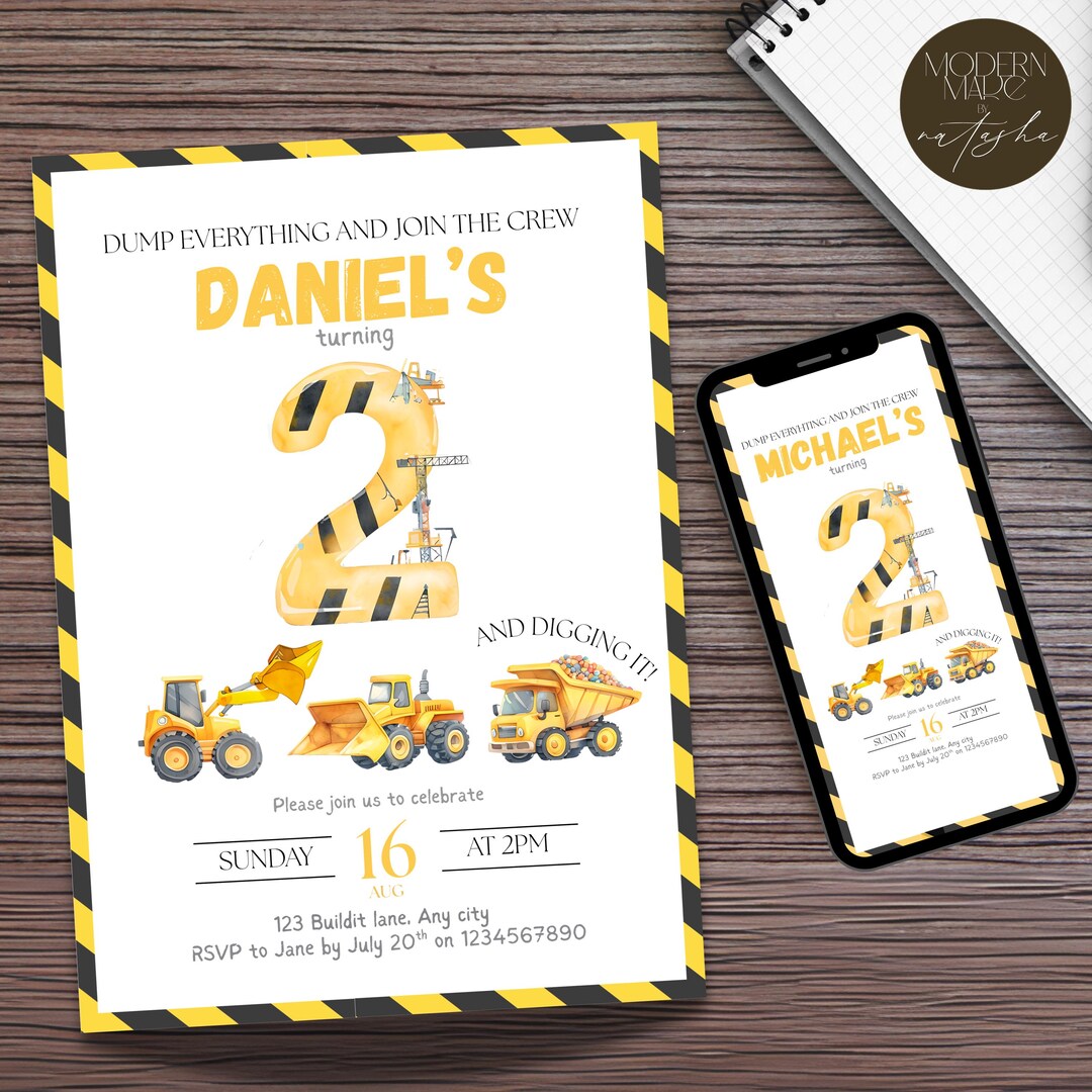 2nd Birthday Invitation, Construction Party, Turning 2, Boy Turns Two ...