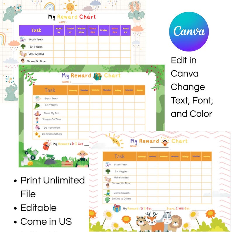 Printable Kids Reward Chart - Chore Chart for Kids - Daily Routine ...