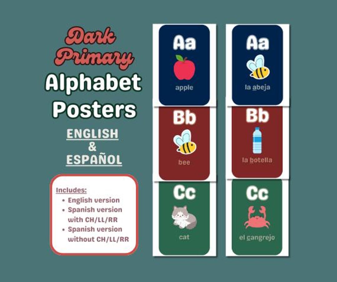 Dark Primary English Spanish Alphabet Alfabeto Posters Cute Classroom ...