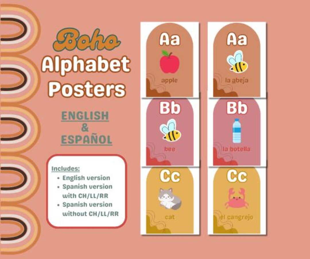 Boho English Spanish Alphabet Alfabeto Posters Cute Classroom Decor ...