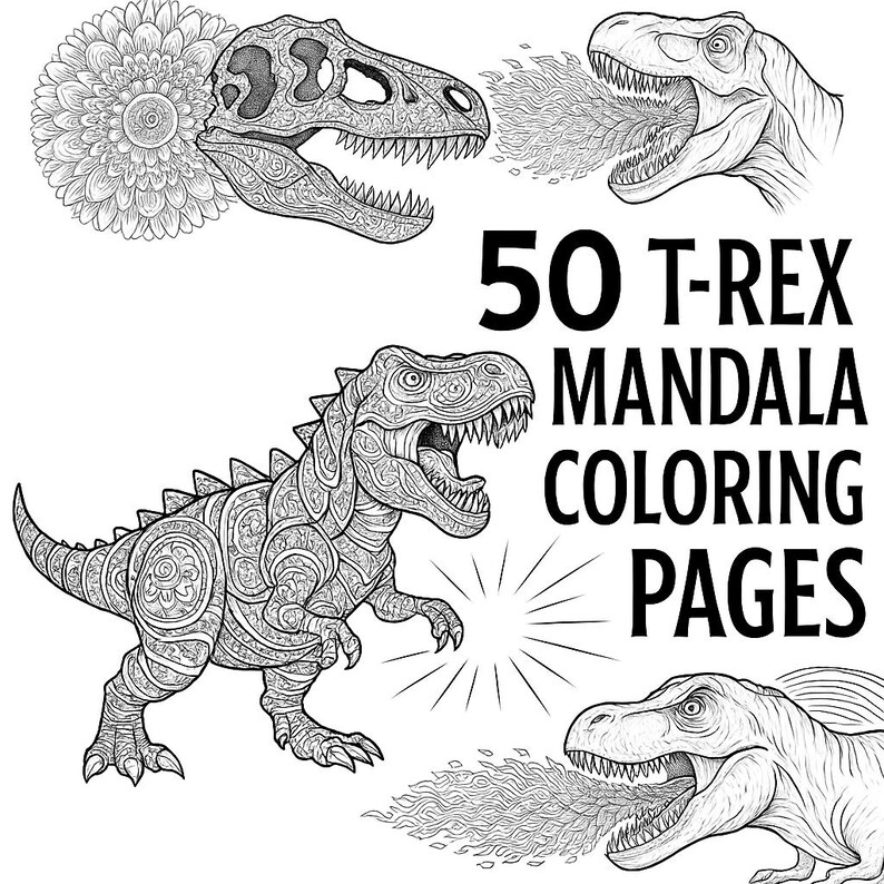 T-rex Mandala Coloring Pages for Adults and Kids - Printable Dinosaur ...