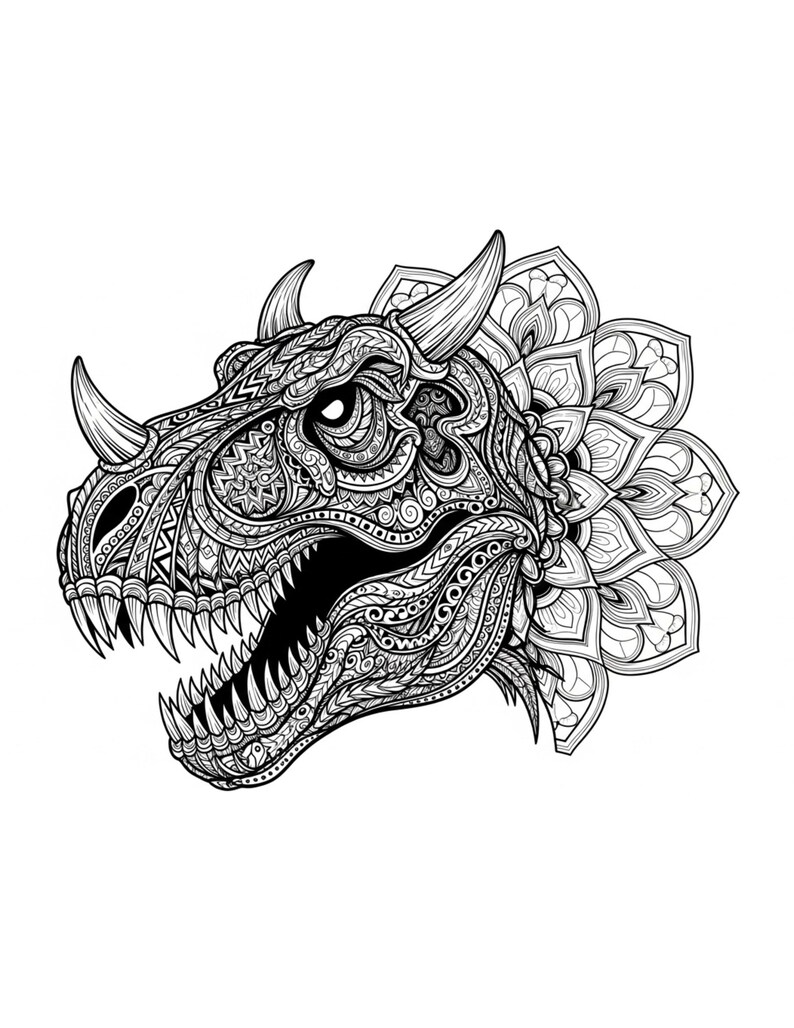 T-rex Mandala Coloring Pages for Adults and Kids - Printable Dinosaur ...