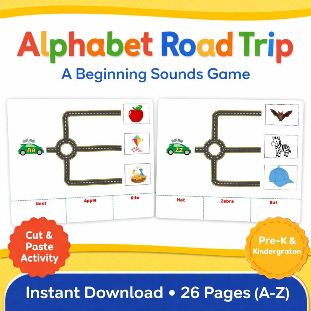 Alphabet Road Trip Beginning Sounds Game | Preschool Phonics Cut and ...