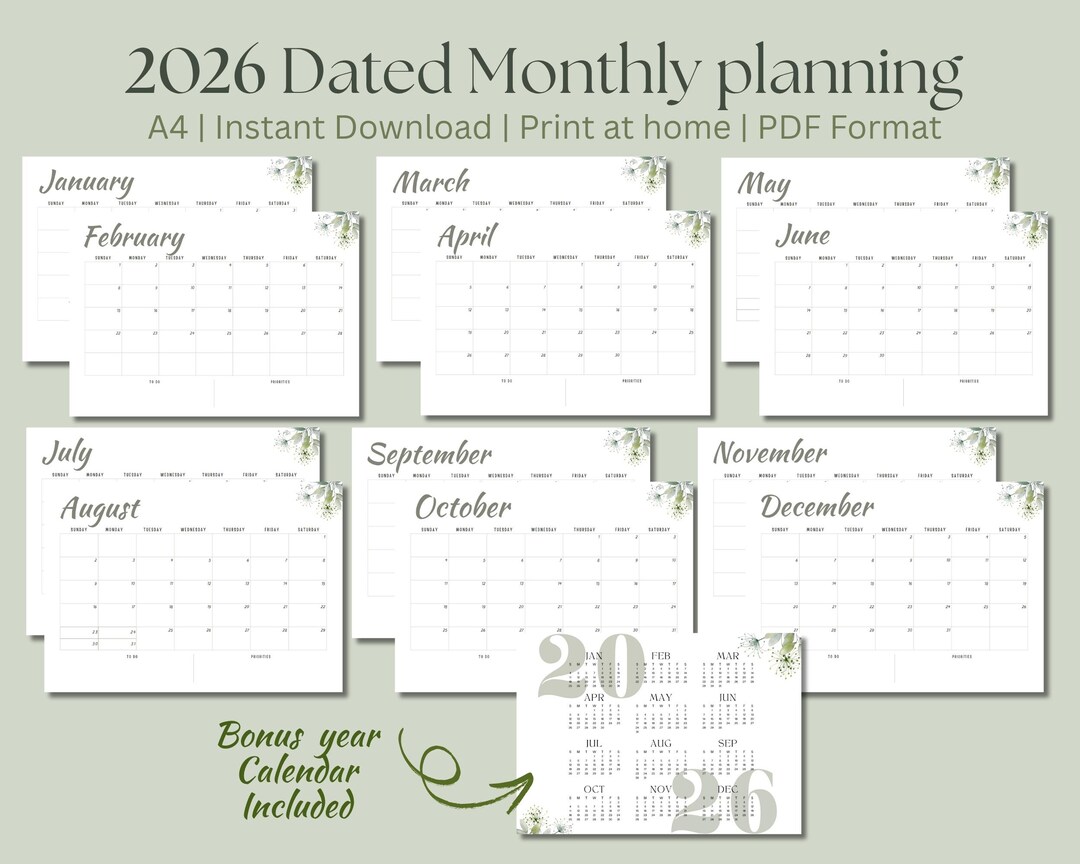 Sage Green 2026 Monthly Calendar | A4 Horizontal Planner (PDF Download ...