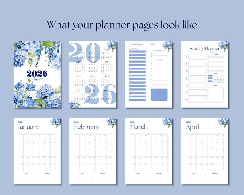 Minimalist 2026 Planner: Blue Hydrangea Botanical Design (A4 PDF ...