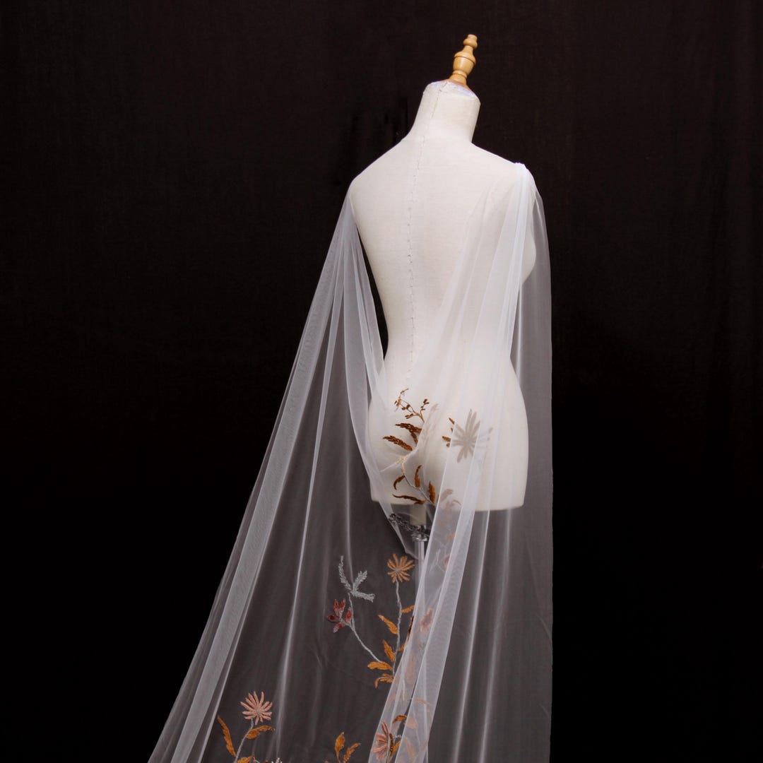 TV86/ Autumn Floral Bridal Cape Veil – Embroidered Tulle Wedding Cape ...