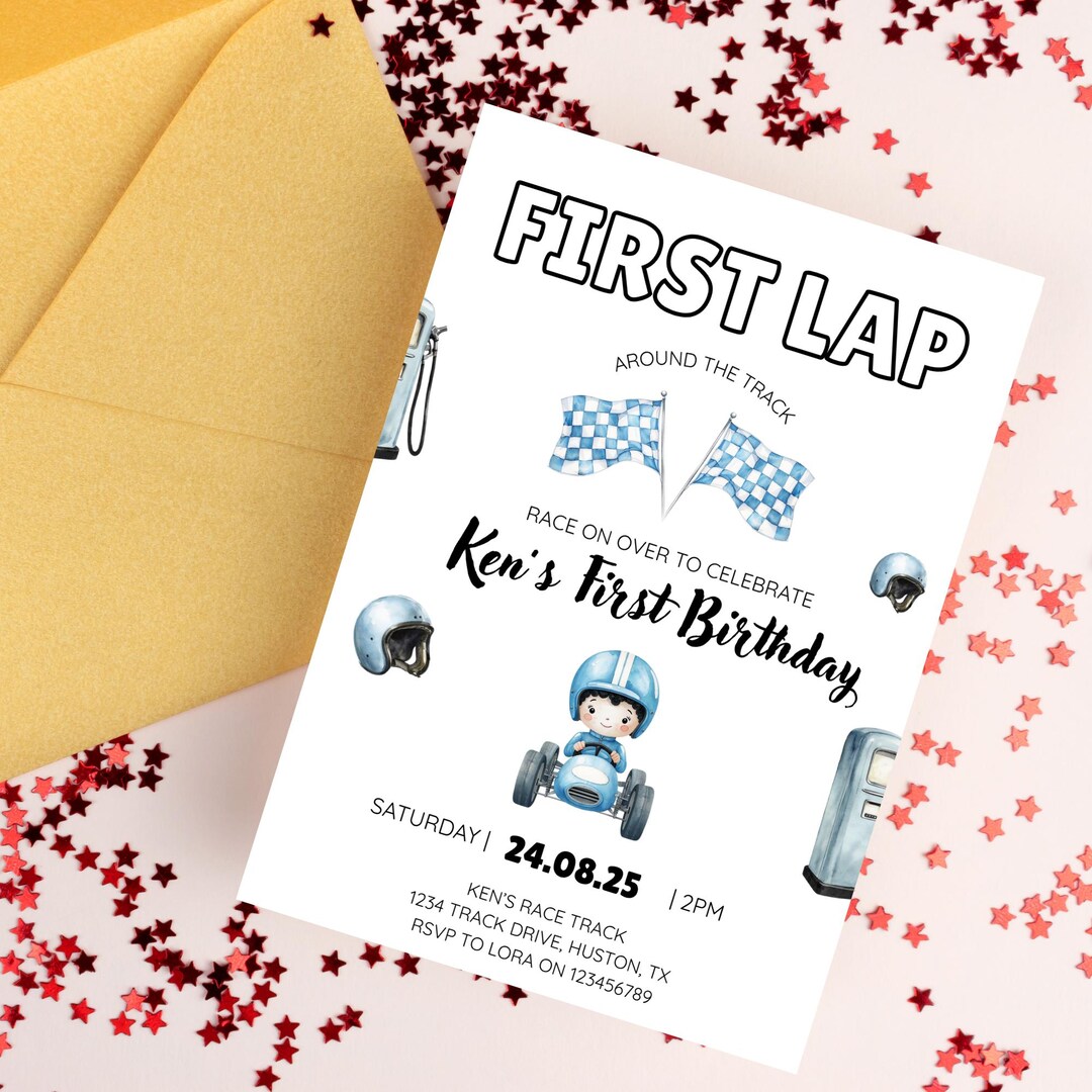 Race Car First Birthday Invitation, Editable First Lap Around the Track ...