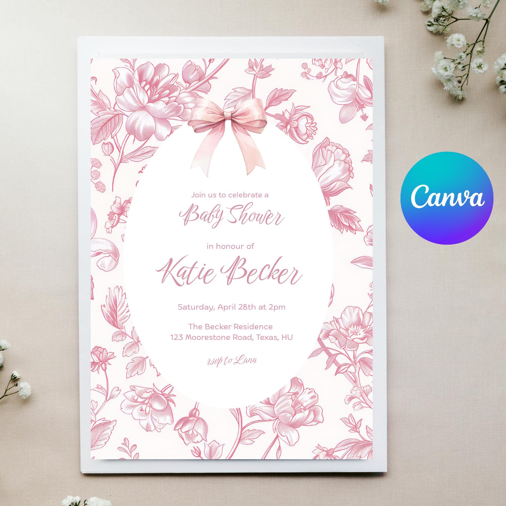 Pink Toile Baby Shower Invitation - Chinoiserie Floral Design ...