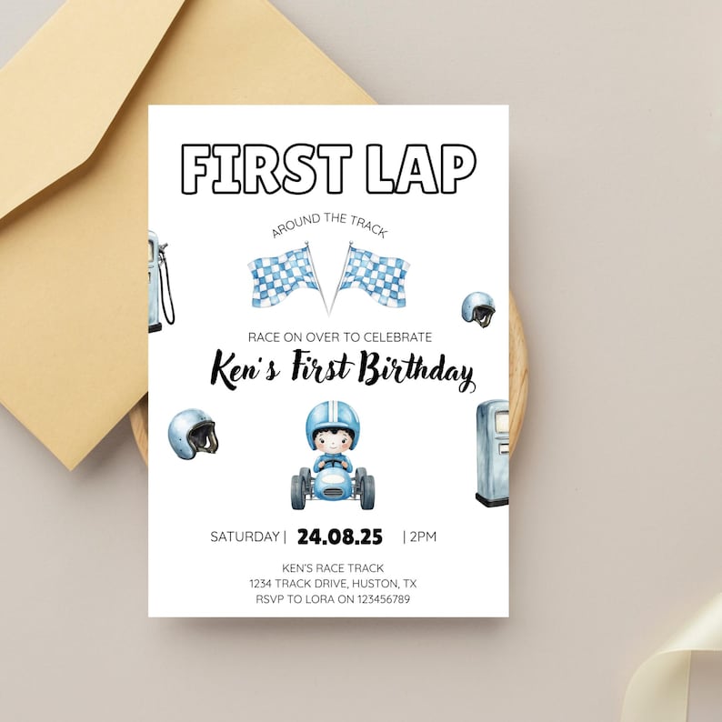 Race Car First Birthday Invitation, Editable First Lap Around the Track ...