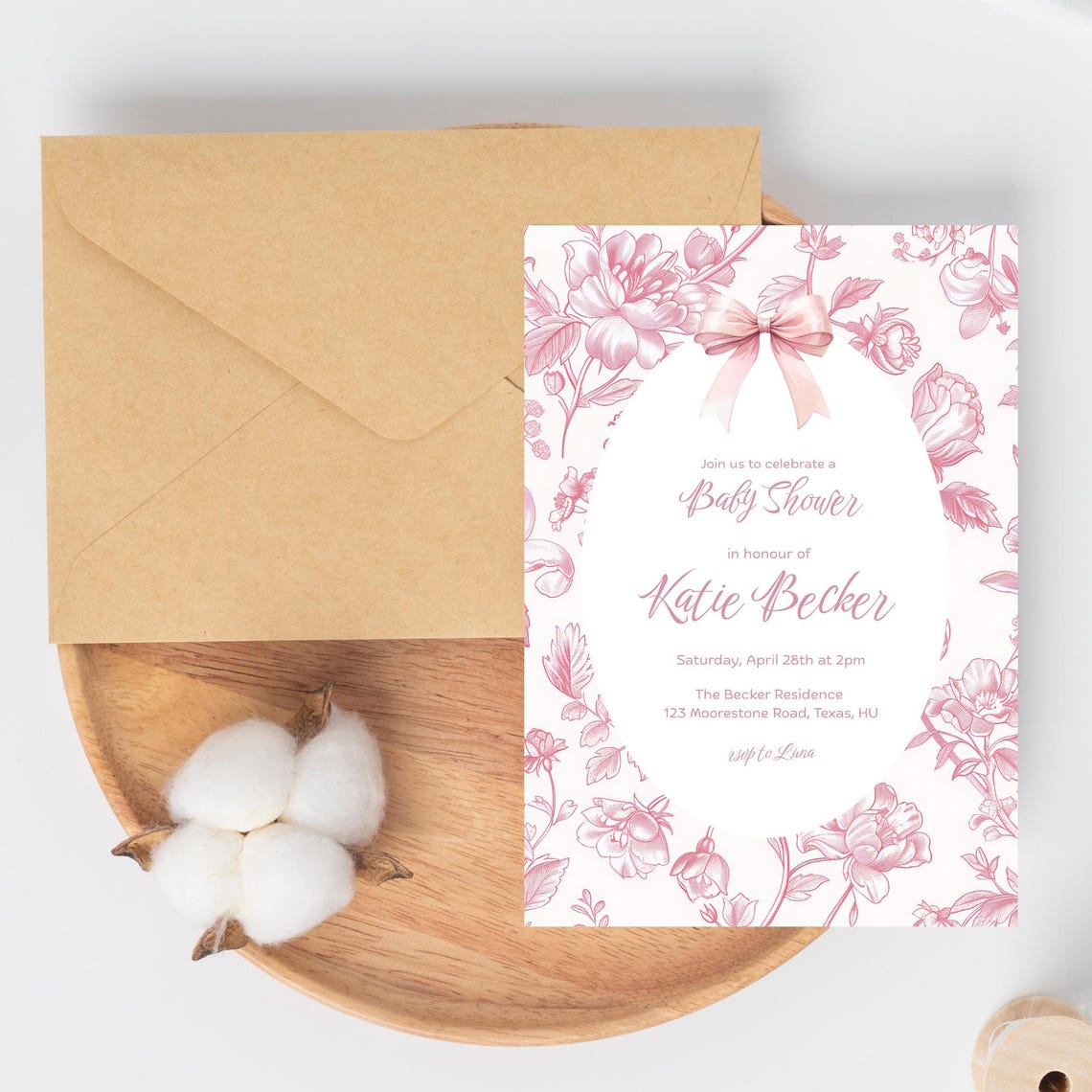 Pink Toile Chinoiserie Baby Shower Invitation Template - Girl Flowers ...
