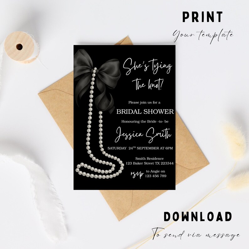 Black Bow & Pearls Bridal Shower Invitation - Elegant Pearls Editable ...
