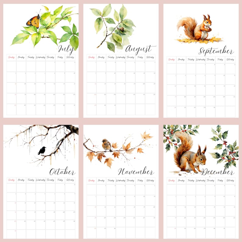2027 Watercolor Nature Calendar | Birds, Flowers, Woodland Animals (A4 ...